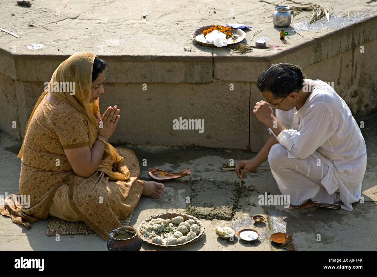 Puja ceremony. Dandi Ghat. Ganges river. Varanasi. India Stock Photo ...