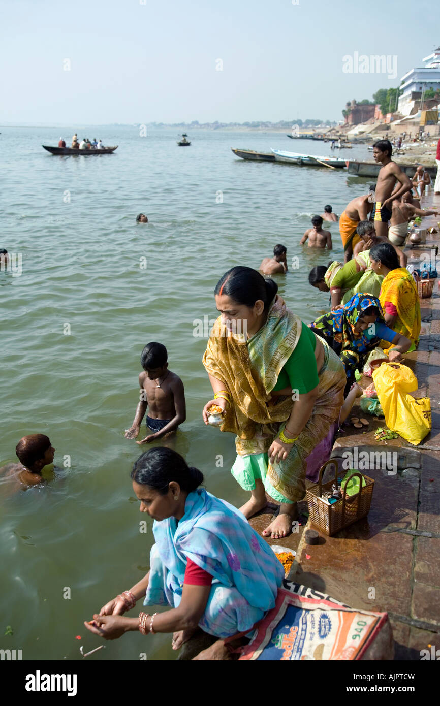 Ritual Puja ceremony. Kedar Ghat. Ganges river. Varanasi. India Stock ...