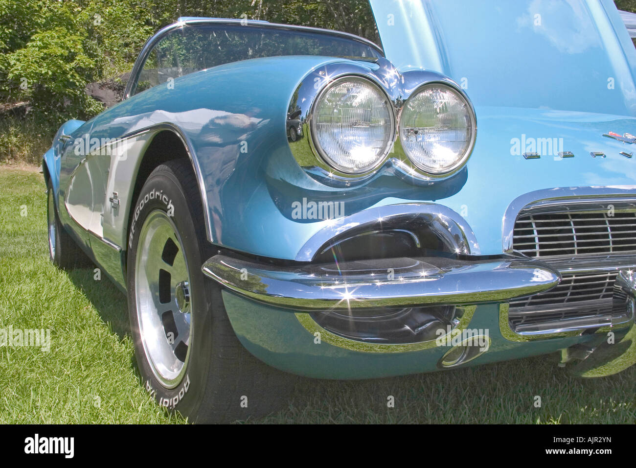closeup corner front view of grille and headlights of vintage Corvette ...