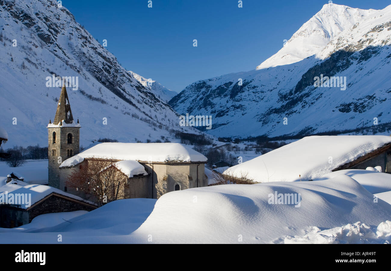 Church in snow covered Bonneval, Savoy, French Alps, France Stock Photo ...