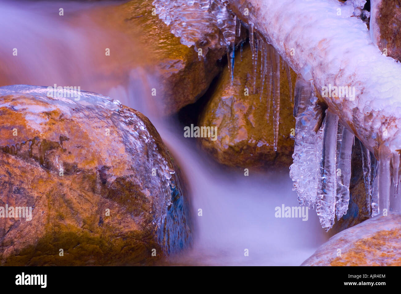 Ice build-up on river in Jasper National Park, Alberta Stock Photo - Alamy
