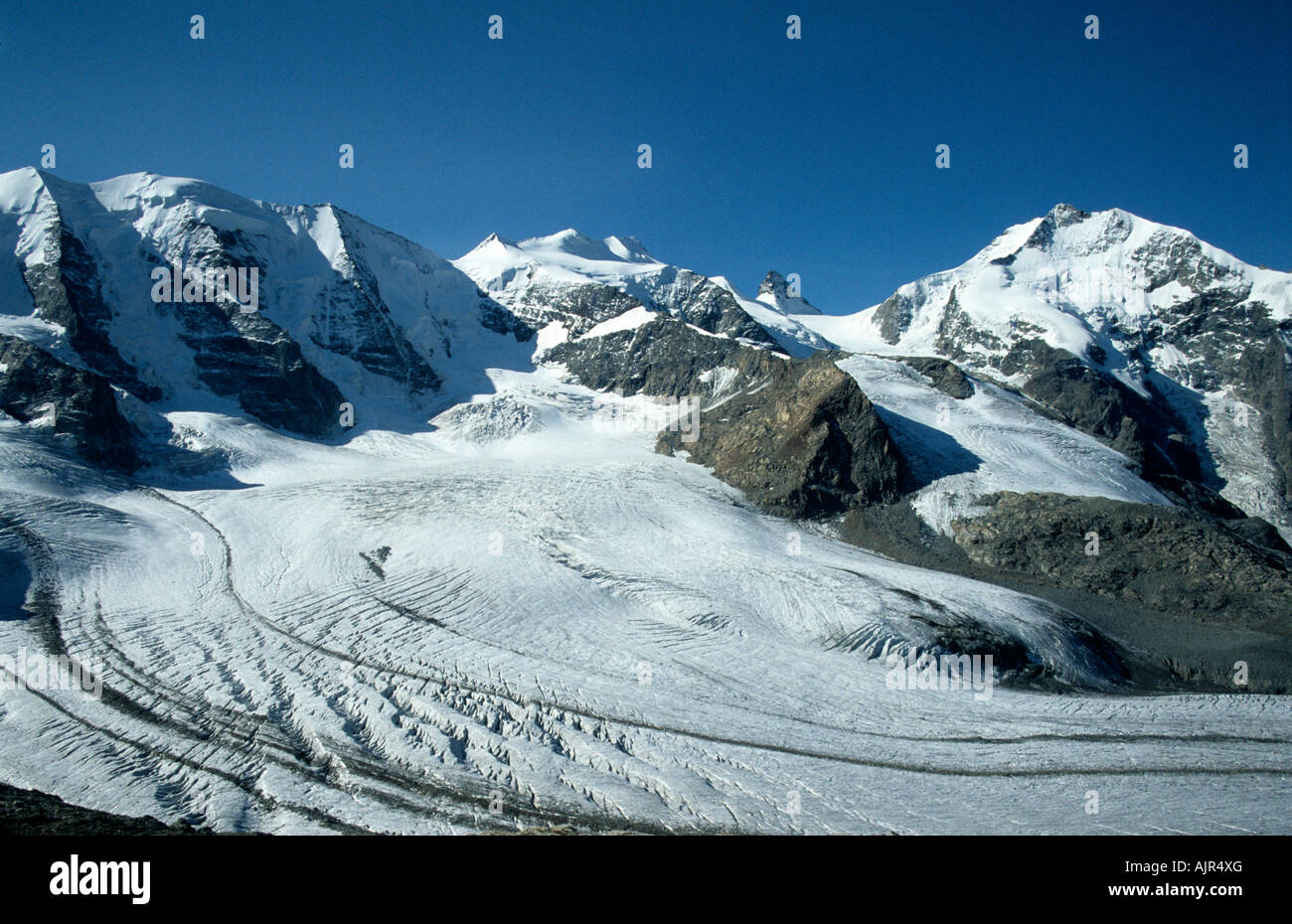 The Morteratsch glacier in the Bernina range of the Bündner Alps in ...