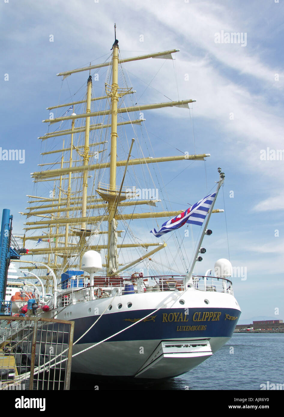the royal clipper stern. Blue sky backgound. In the harbour of Naples ...