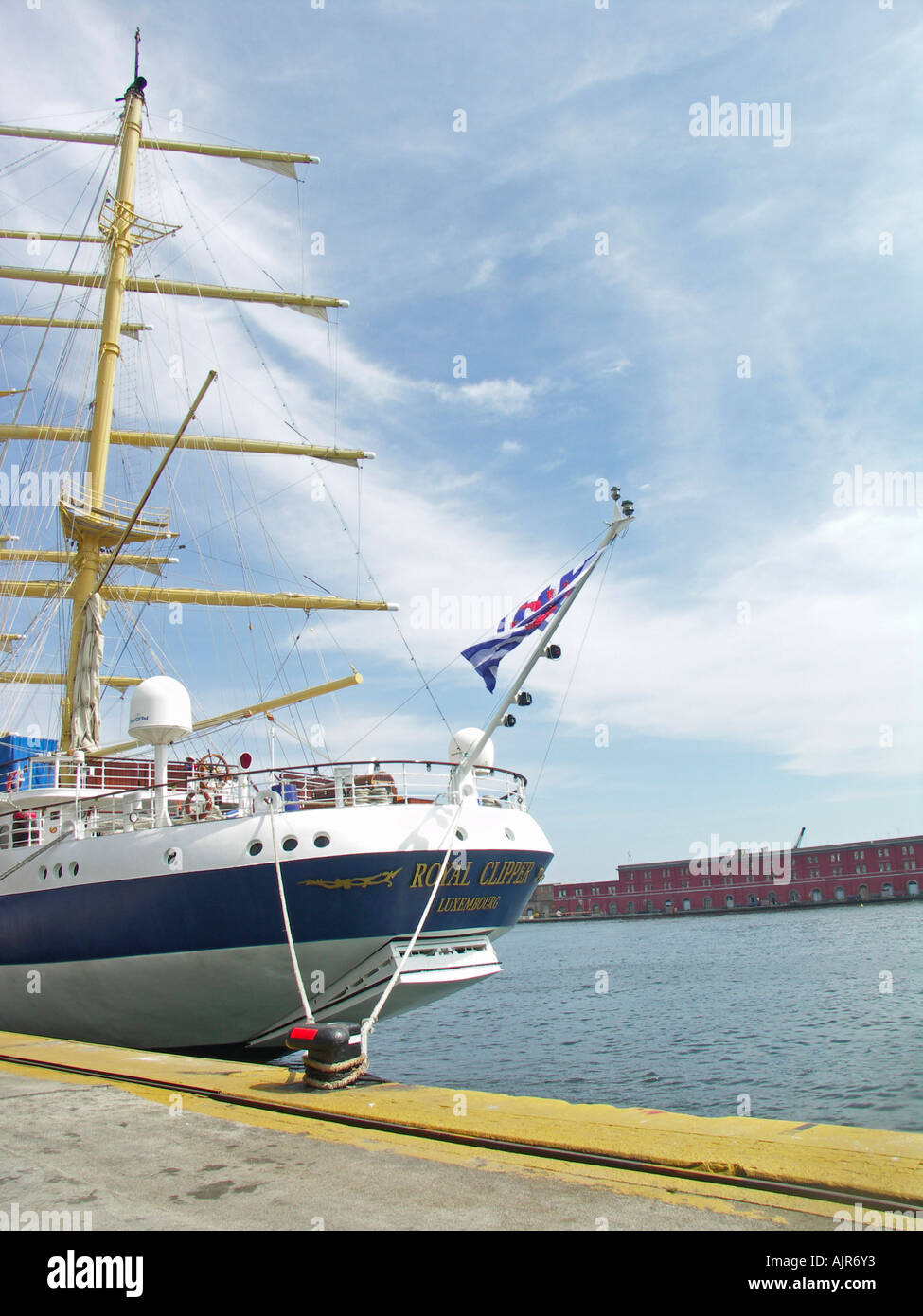 the royal clipper stern. Blue sky backgound. In the harbour of Naples ...