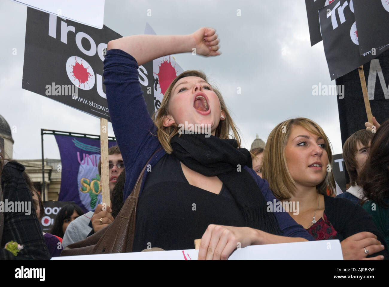 Young female protesters with Troops Out placard in Trafalgar Square at ...