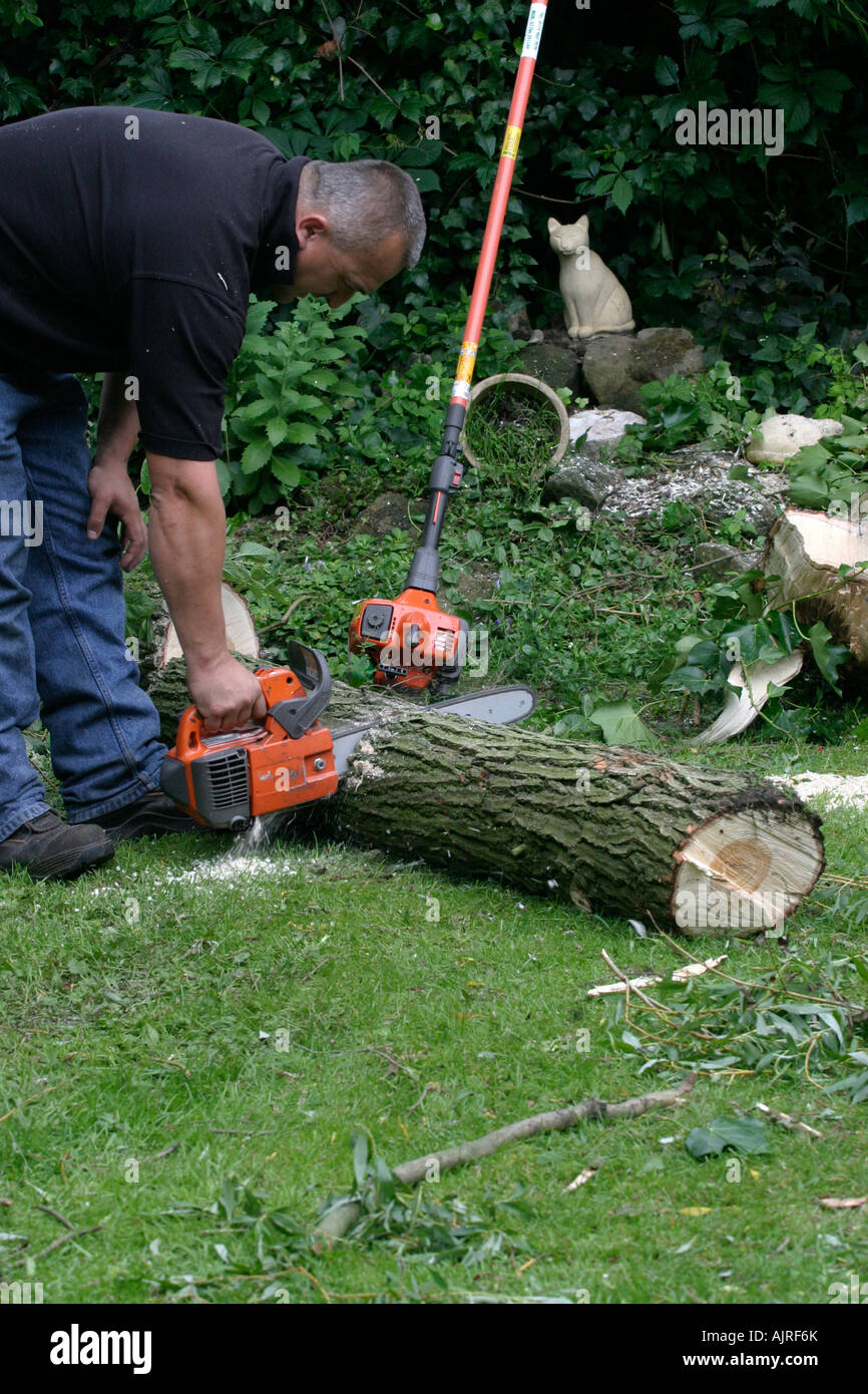 Man cutting a fallen tree limb using a chainsaw. Wind and storm damage ...