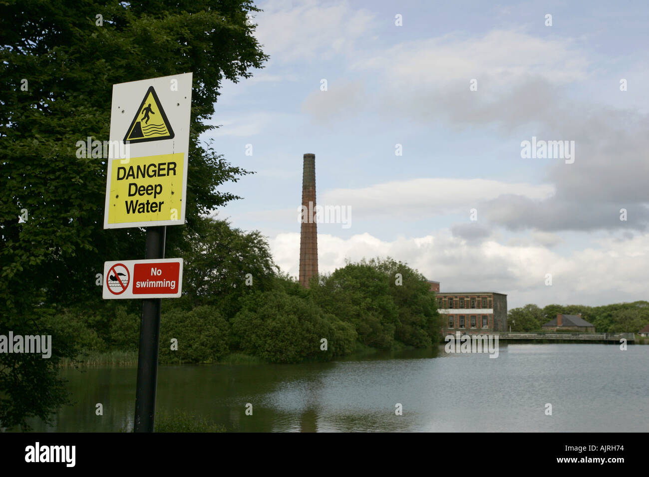 Deep water warning signs Mossley Mill pond Newtownabbey County Antrim ...