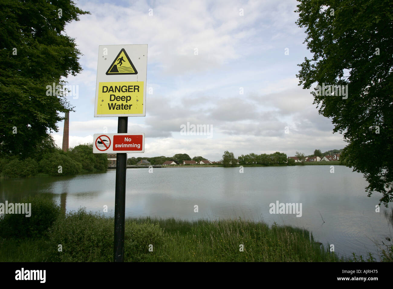 Deep water warning signs Mossley Mill pond Newtownabbey County Antrim ...