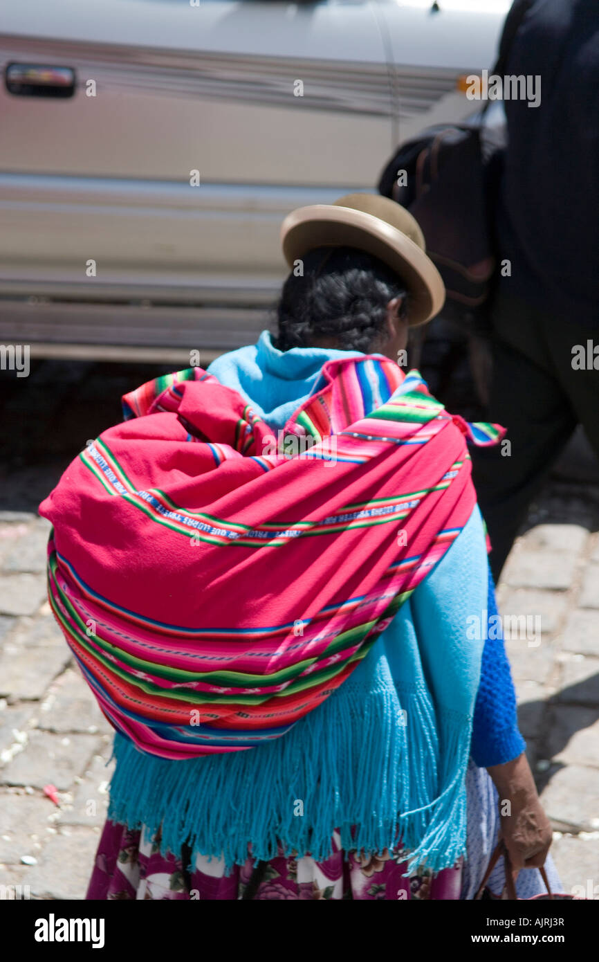 Aymara woman outside the cathedral in Copacabana a town on the shores ...