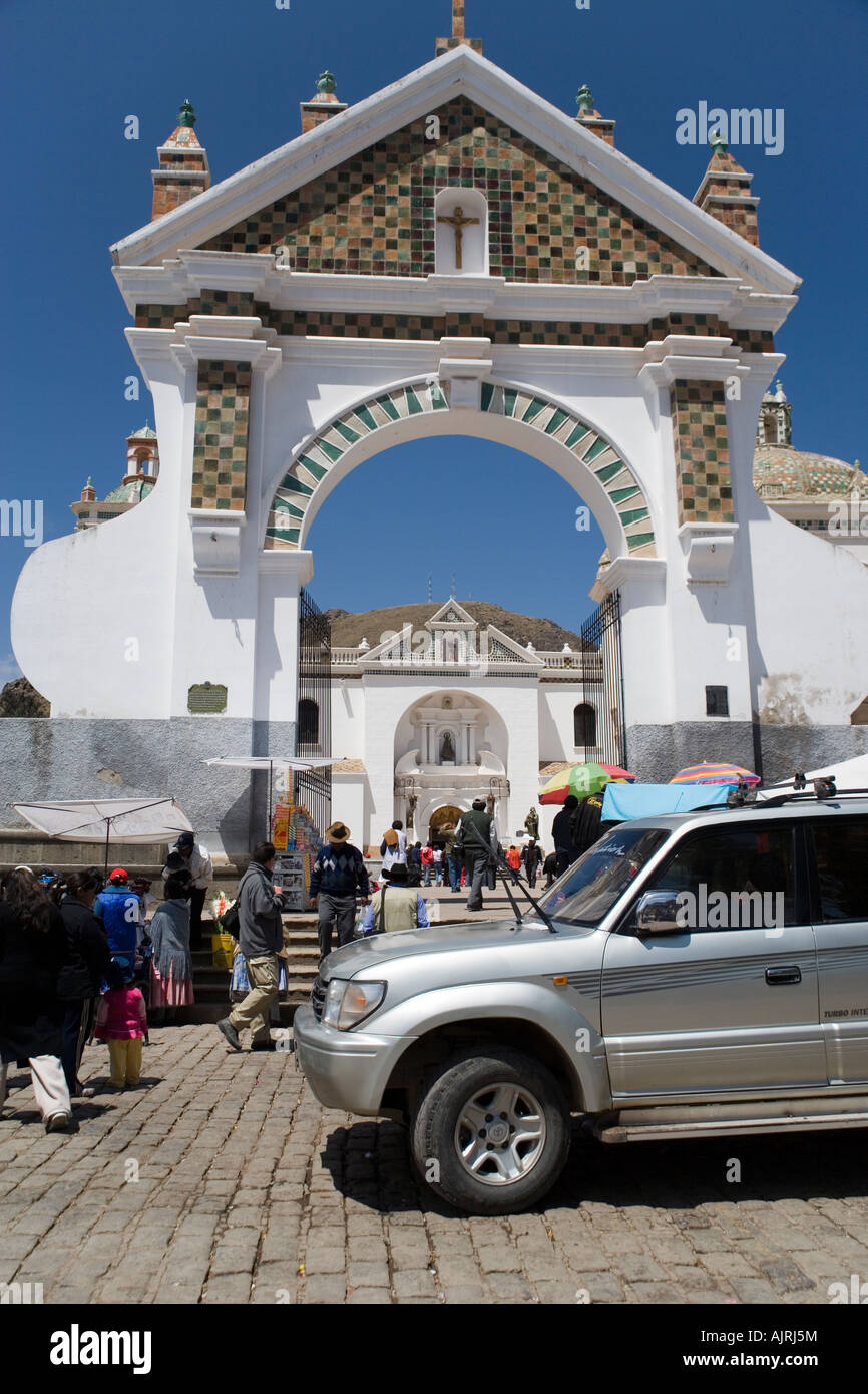 Entrance to the cathedral in Copacabana a town on the shores of Lake ...