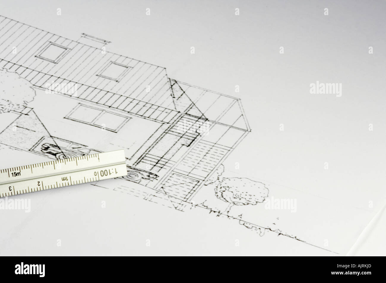 CAD blueprint of a house, ruler lying on the plan Stock Photo - Alamy