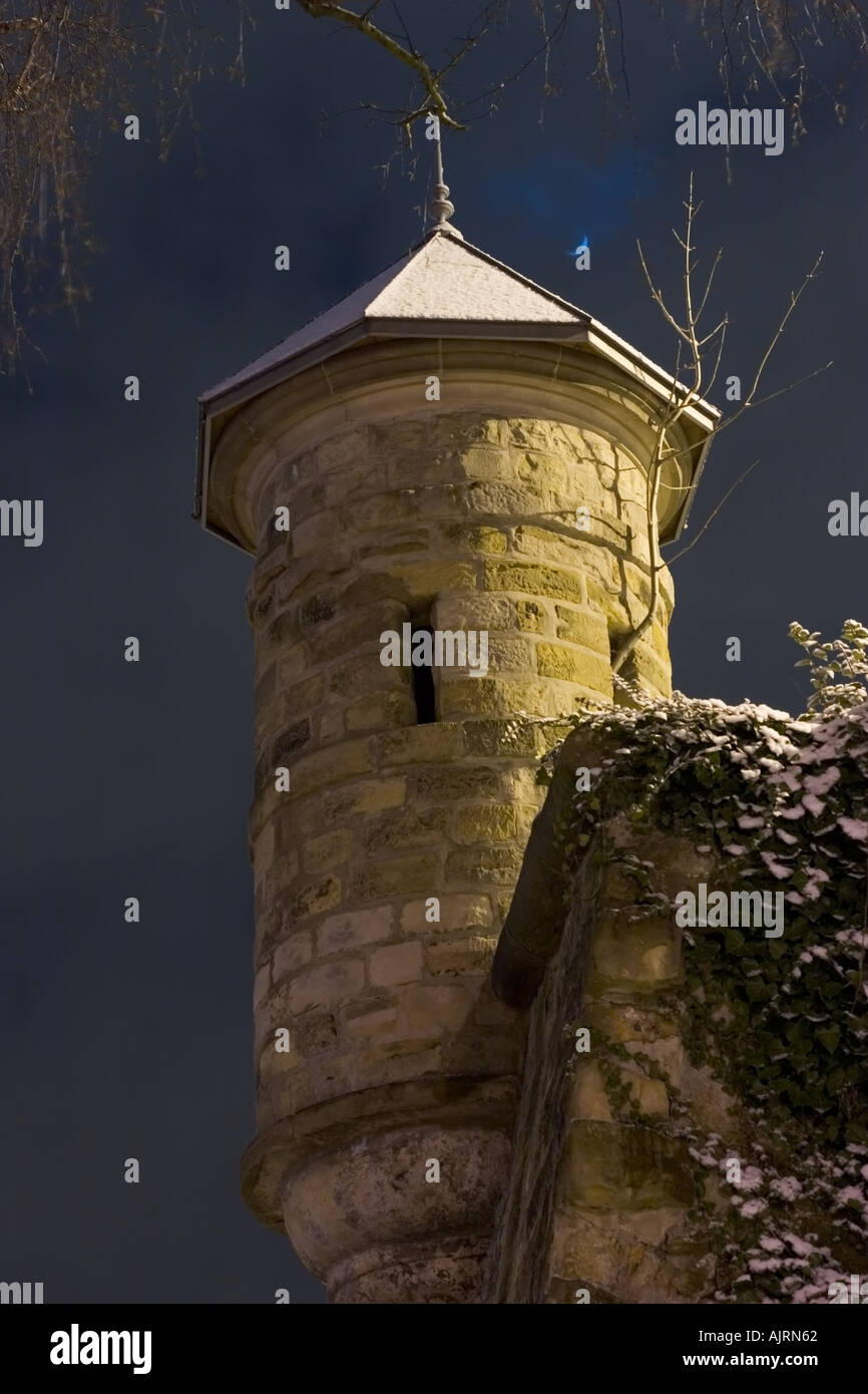 Snow covered Spanish Turret part of the old fortification in Luxembourg ...