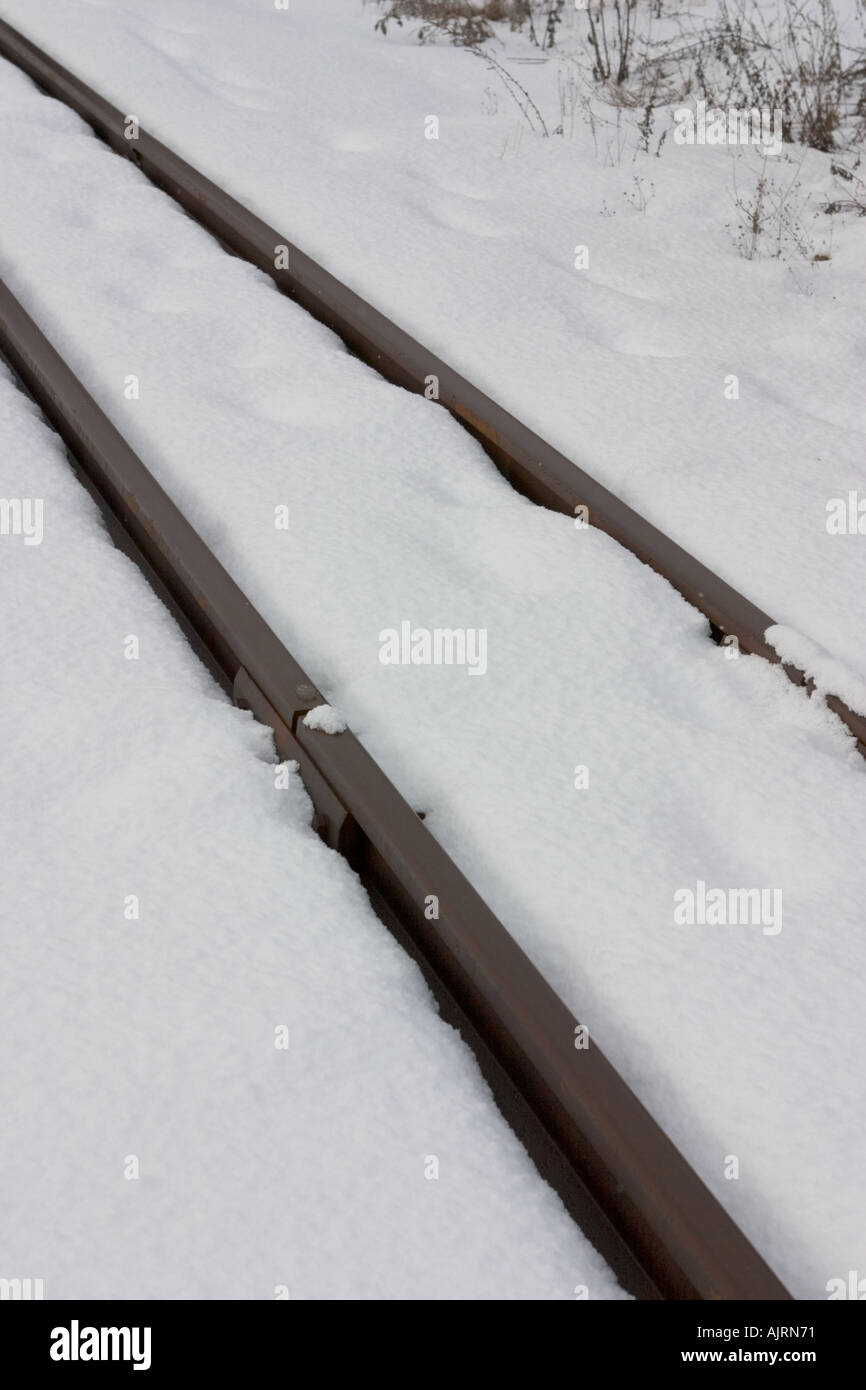Snow covered narrow gage rail track Stock Photo - Alamy