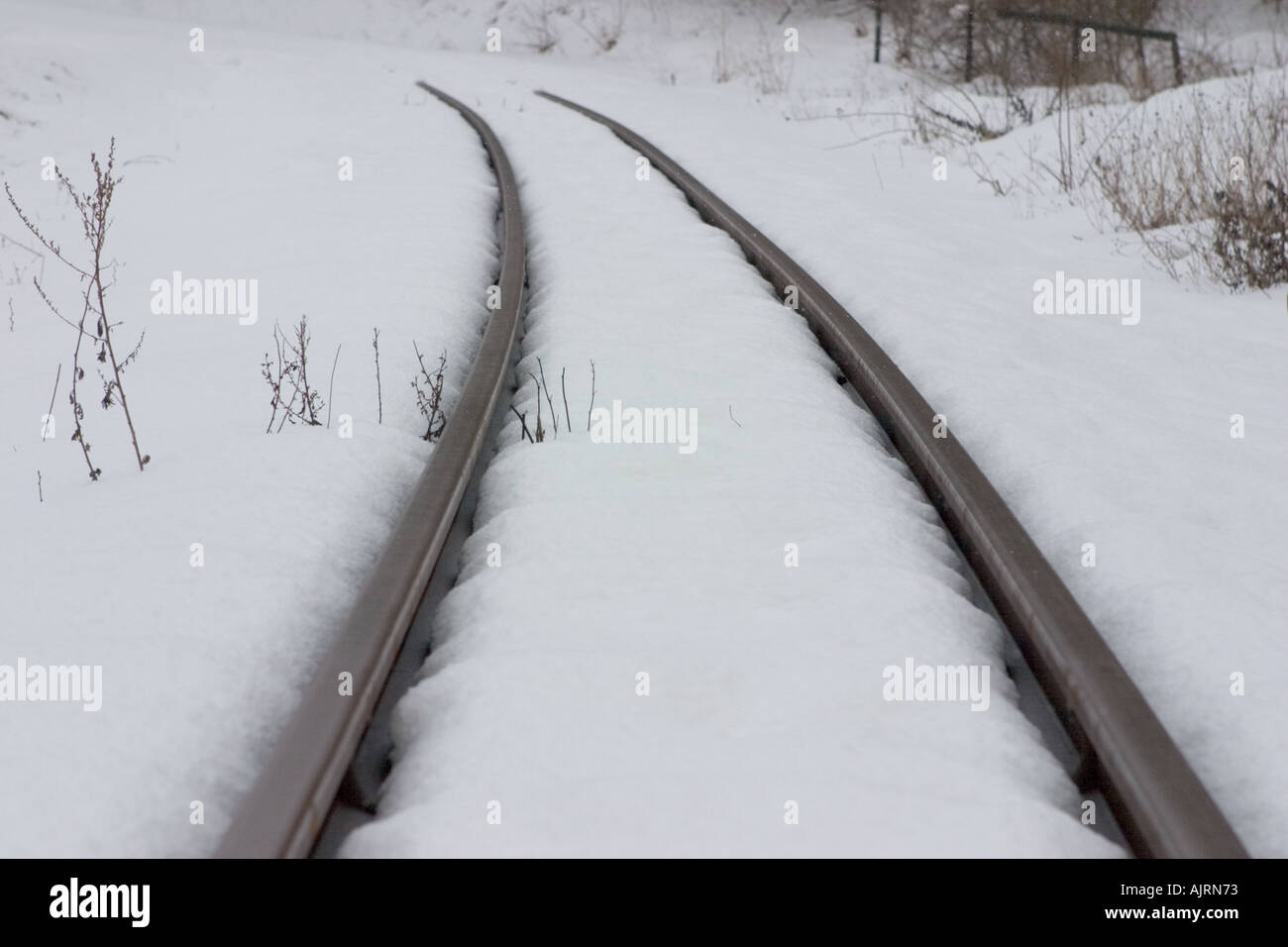 Snow covered narrow gage rail track Stock Photo - Alamy