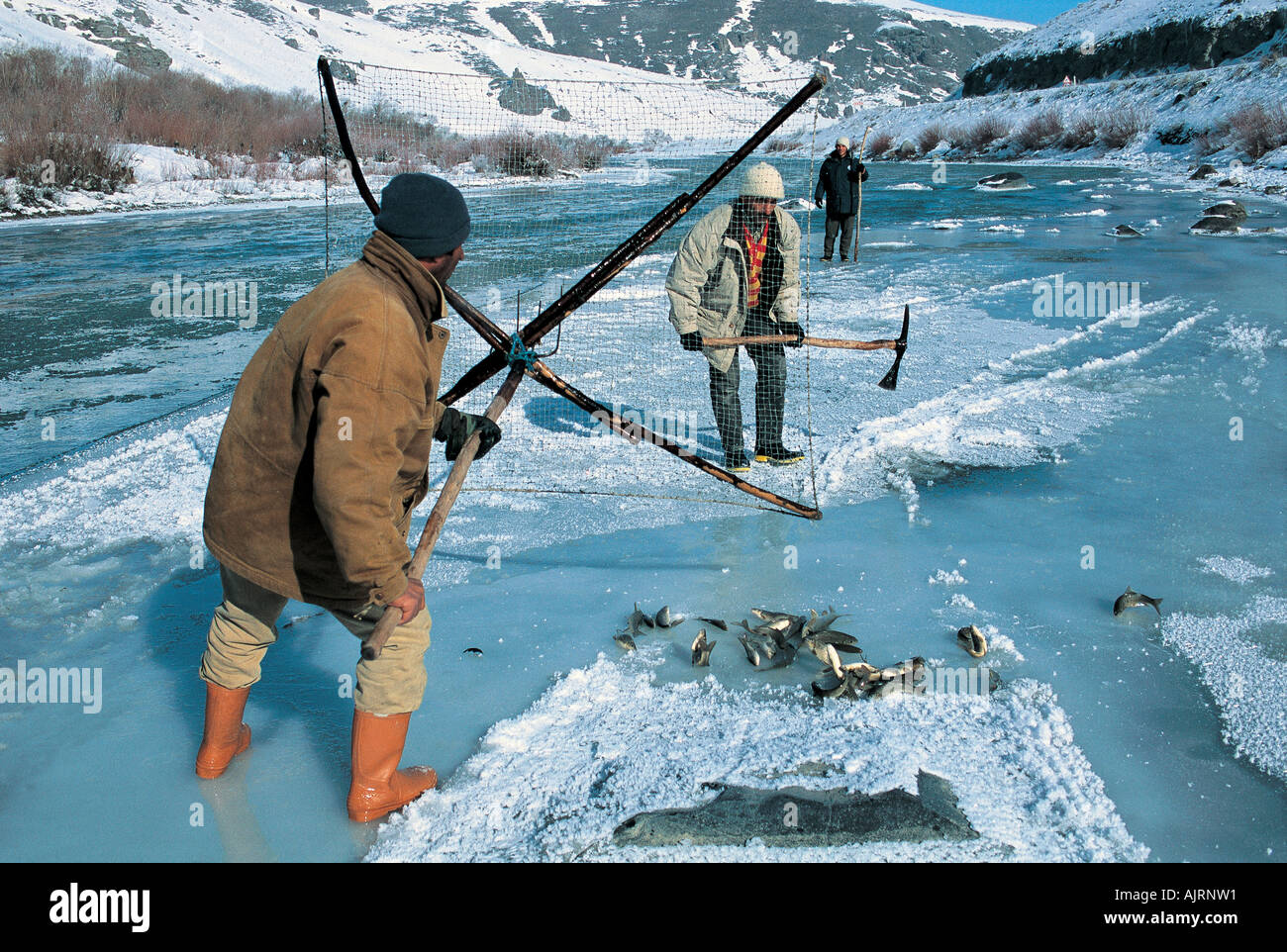 Villagers fishing in frozen Euphrates River, Mus Turkey Stock Photo - Alamy