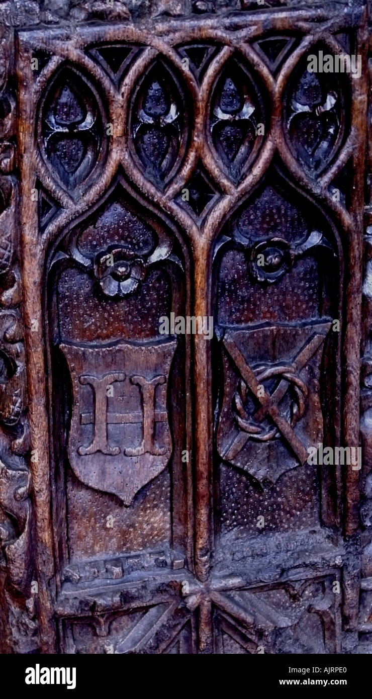 Medieval 1510 1530 pew ends inside St Nonna Church at Altarnun Cornwall ...