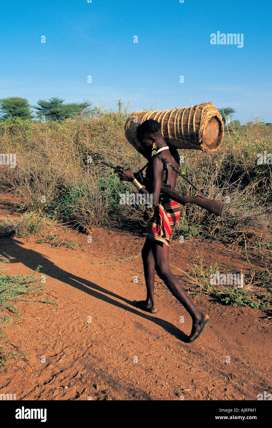 Hamer man carrying his beehive for locating on a high tree, Omo river ...