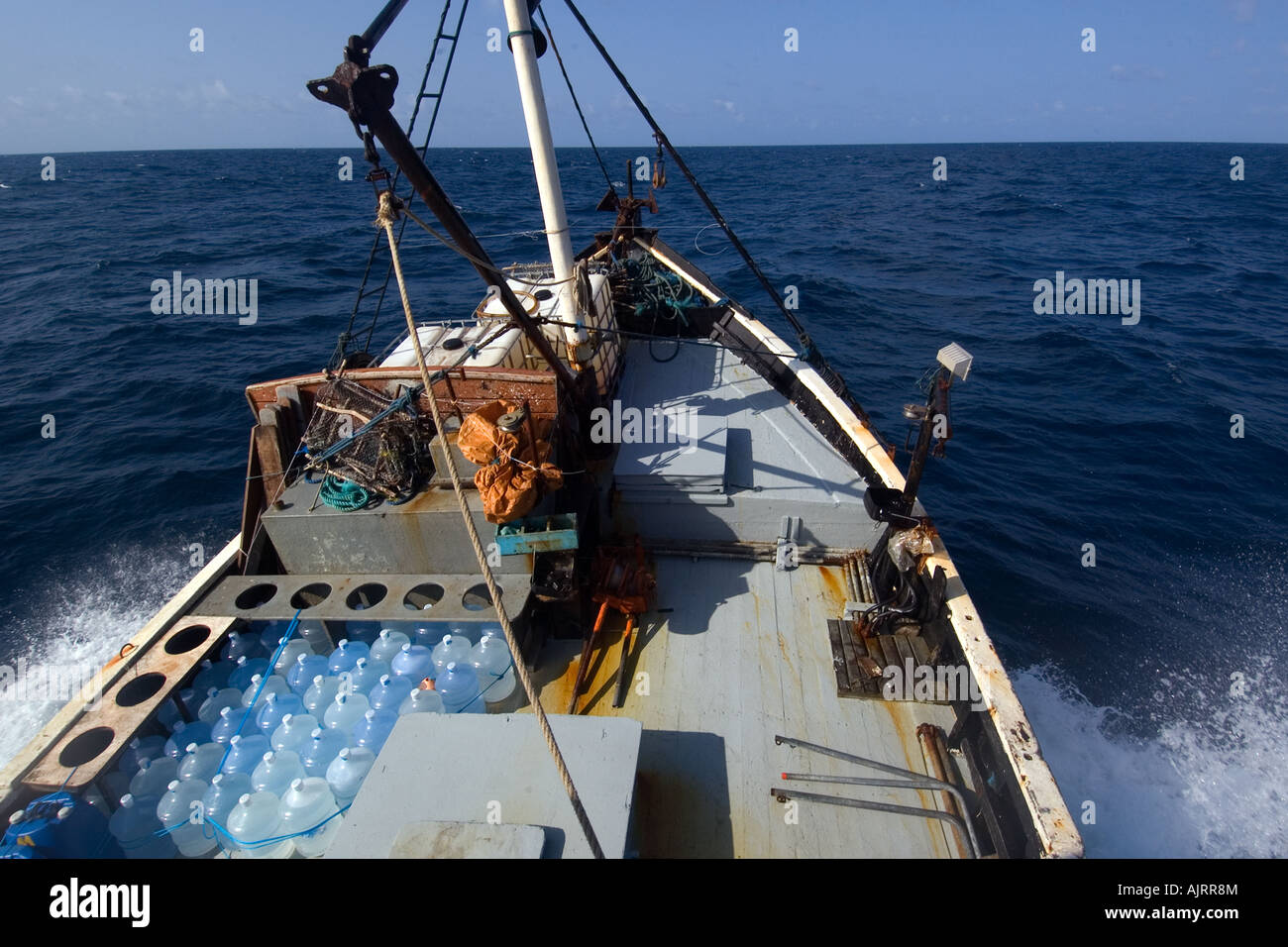 Deck of commercial fishing vessel Equatorial Atlantic Ocean Brazil ...