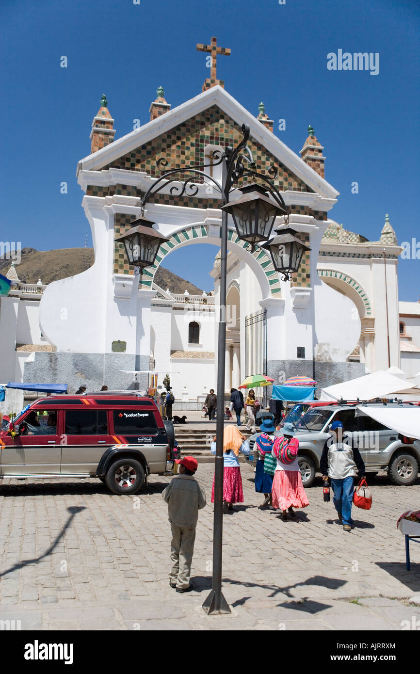 Entrance to the cathedral in Copacabana a town on the shores of Lake ...