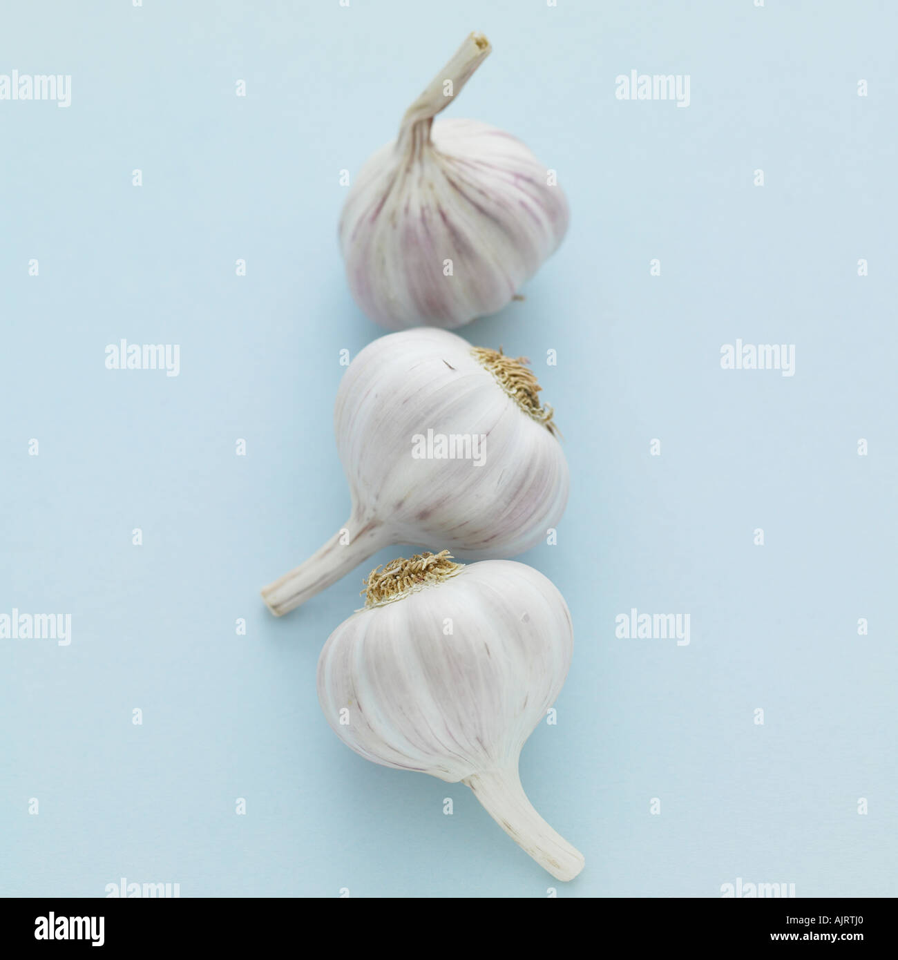 Three garlic bulbs on pale blue background Stock Photo - Alamy