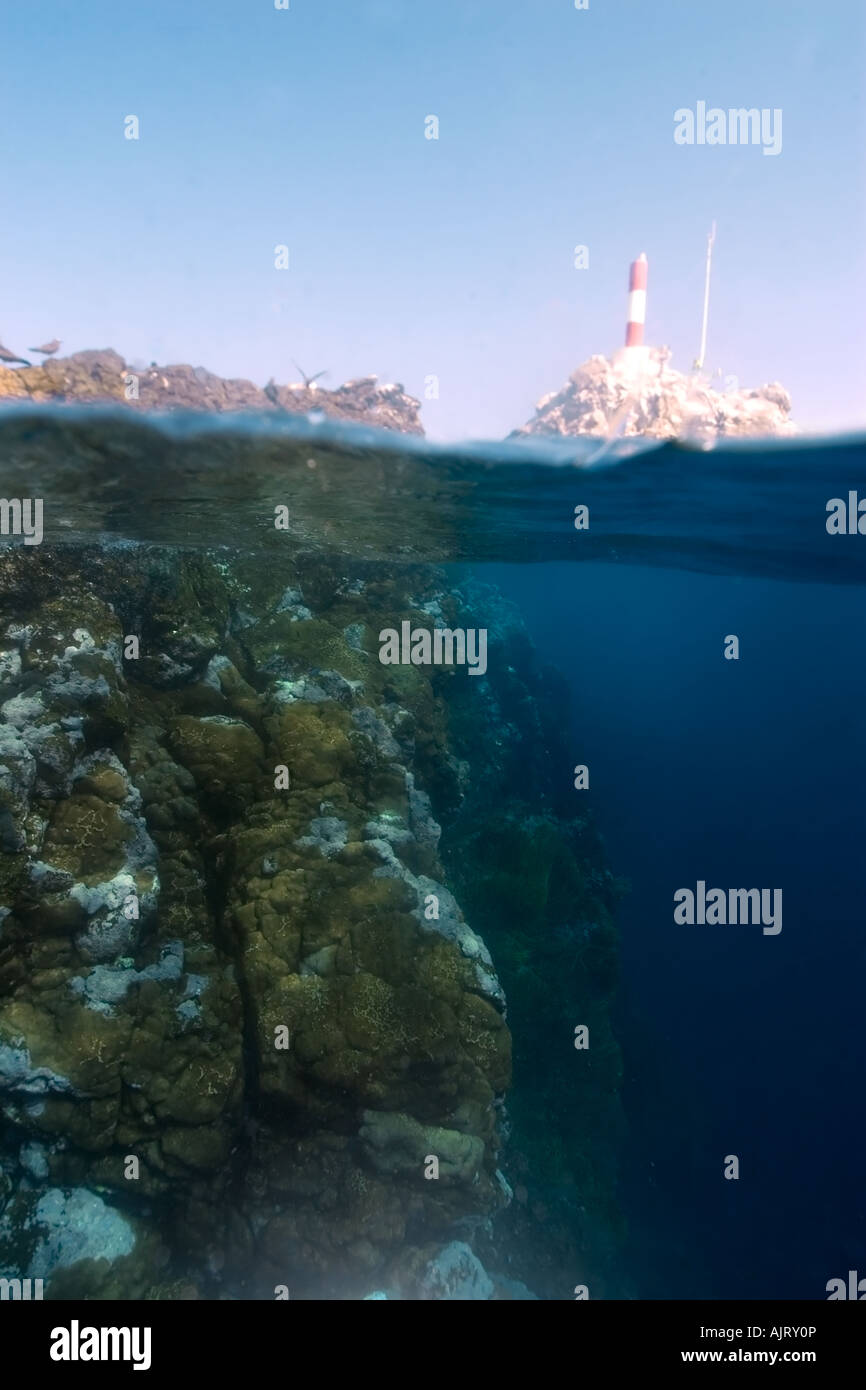 Split image of rocks lighthouse and underwater substrate St Peter and ...