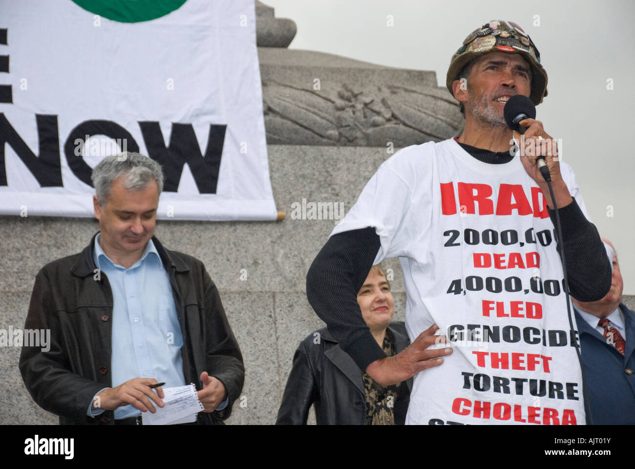 Brian Haw, wearing Iraq t-shirt, addresses Trafalgar Square rally to bring troops home from Iraq ...