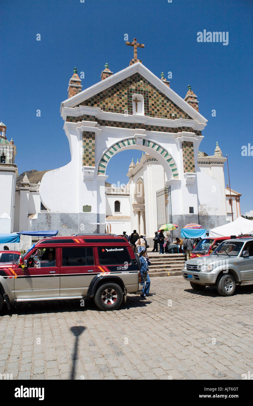 Entrance to the cathedral in Copacabana a town on the shores of Lake ...