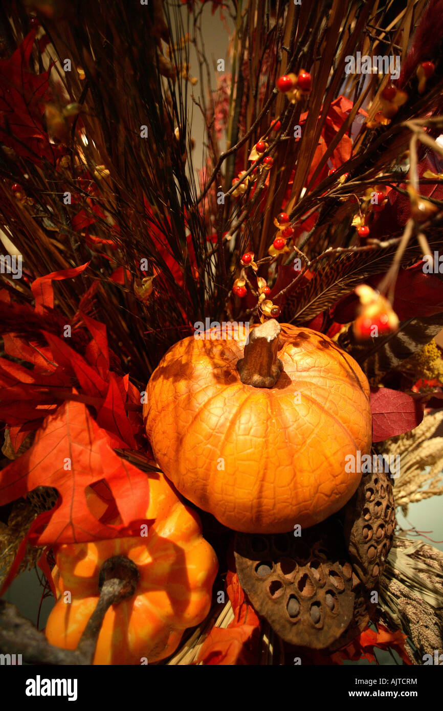 Pumpkins in Fall seasonal arrangement. Fall leaves Stock Photo - Alamy