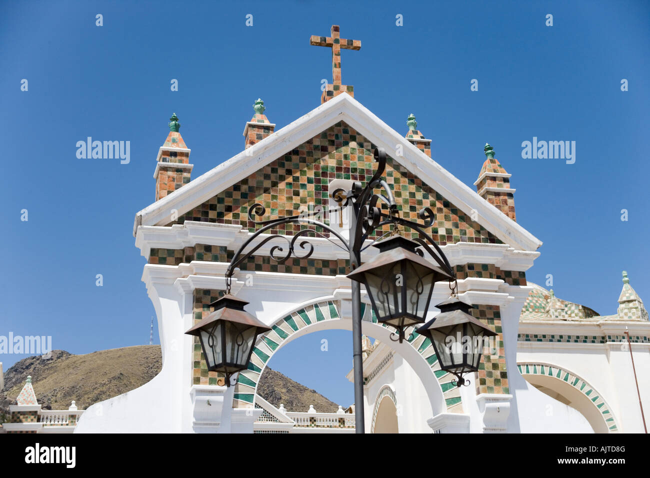 Entrance to the cathedral in Copacabana a town on the shores of Lake ...