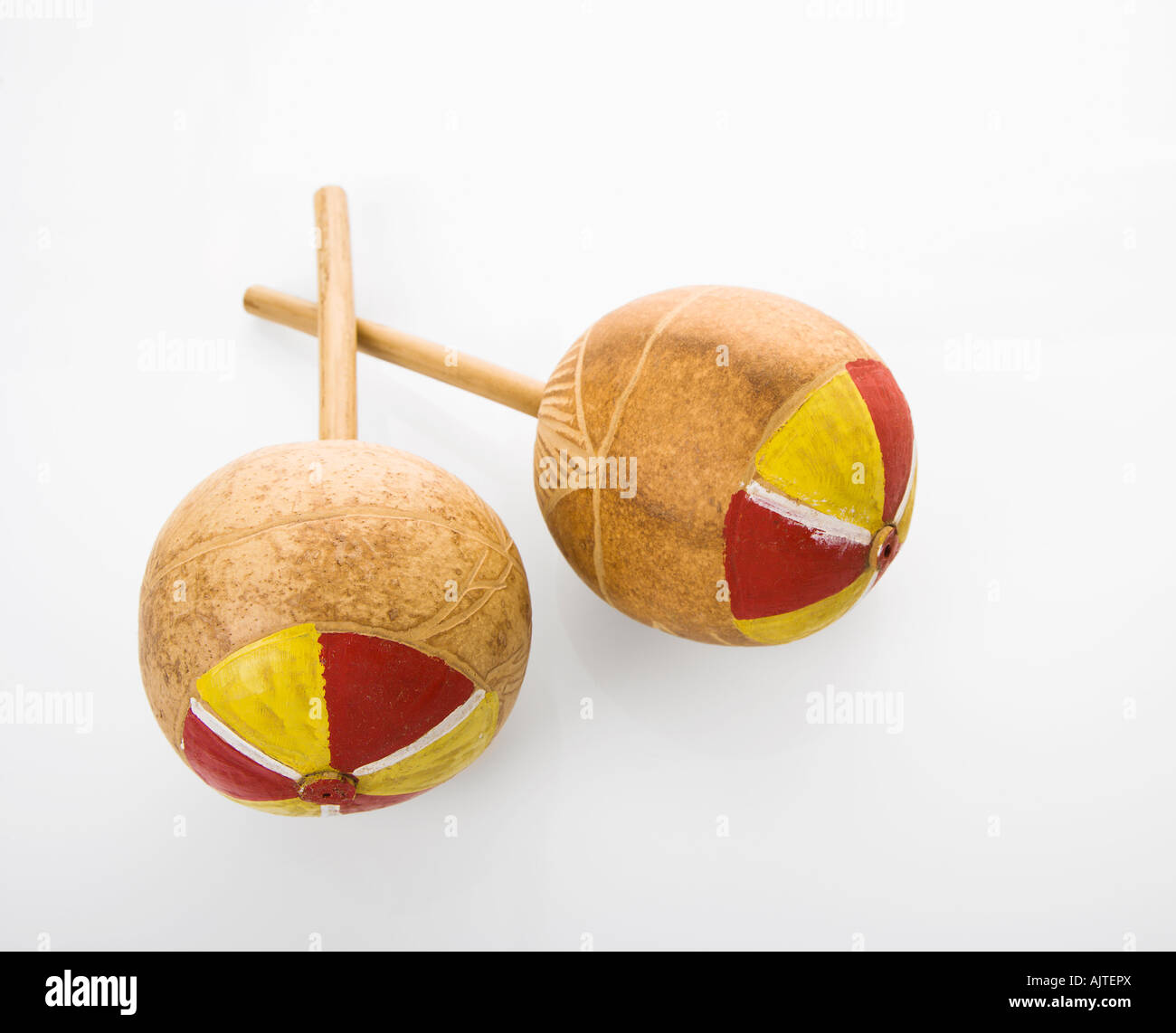 Pair of handmade Mexican maracas percussion musical instruments against ...