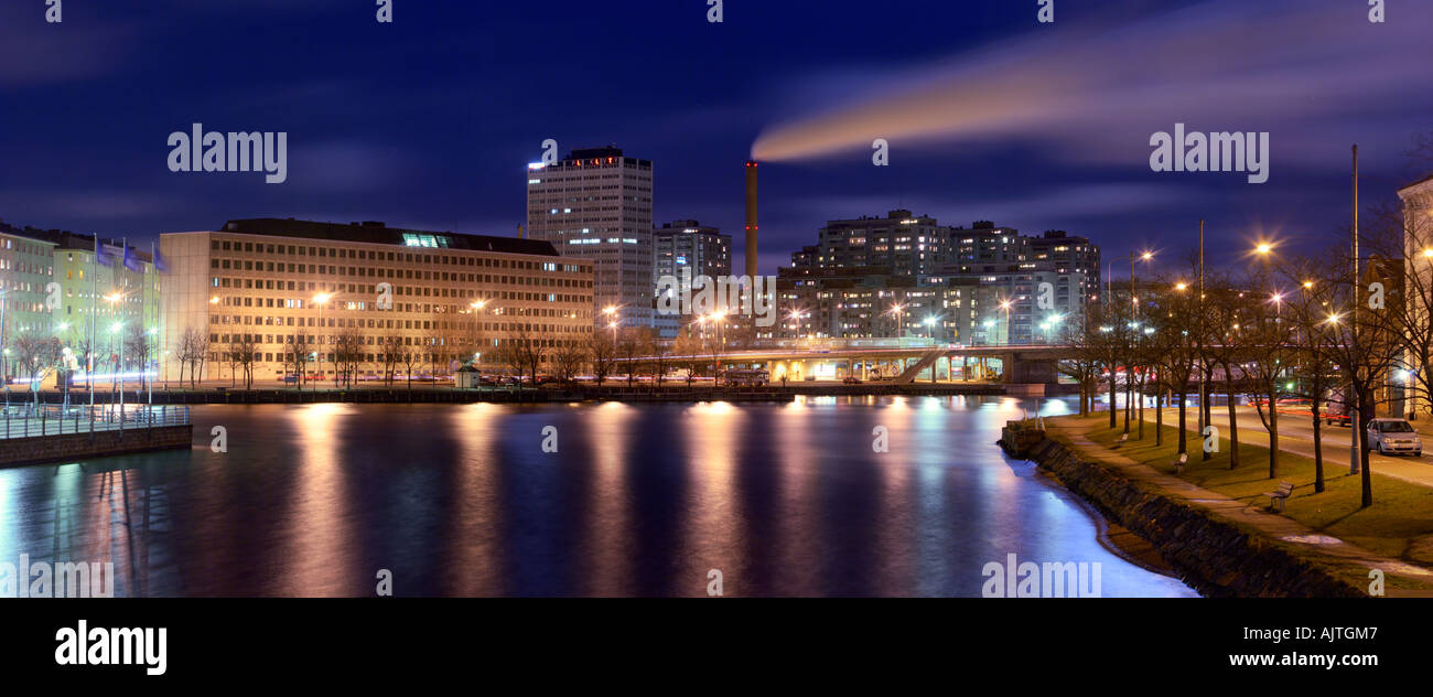 Night-time buildings in Hakaniemi bay and Merihaka, Helsinki, Finland ...