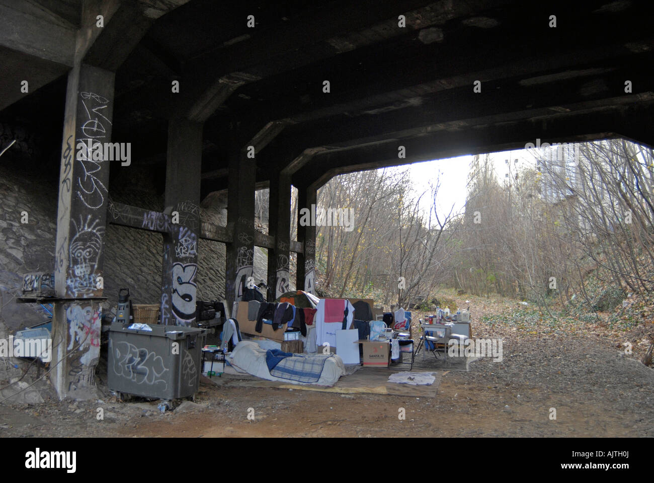 Homeless housing under a Parisian bridge on the Petite Ceinture Stock ...