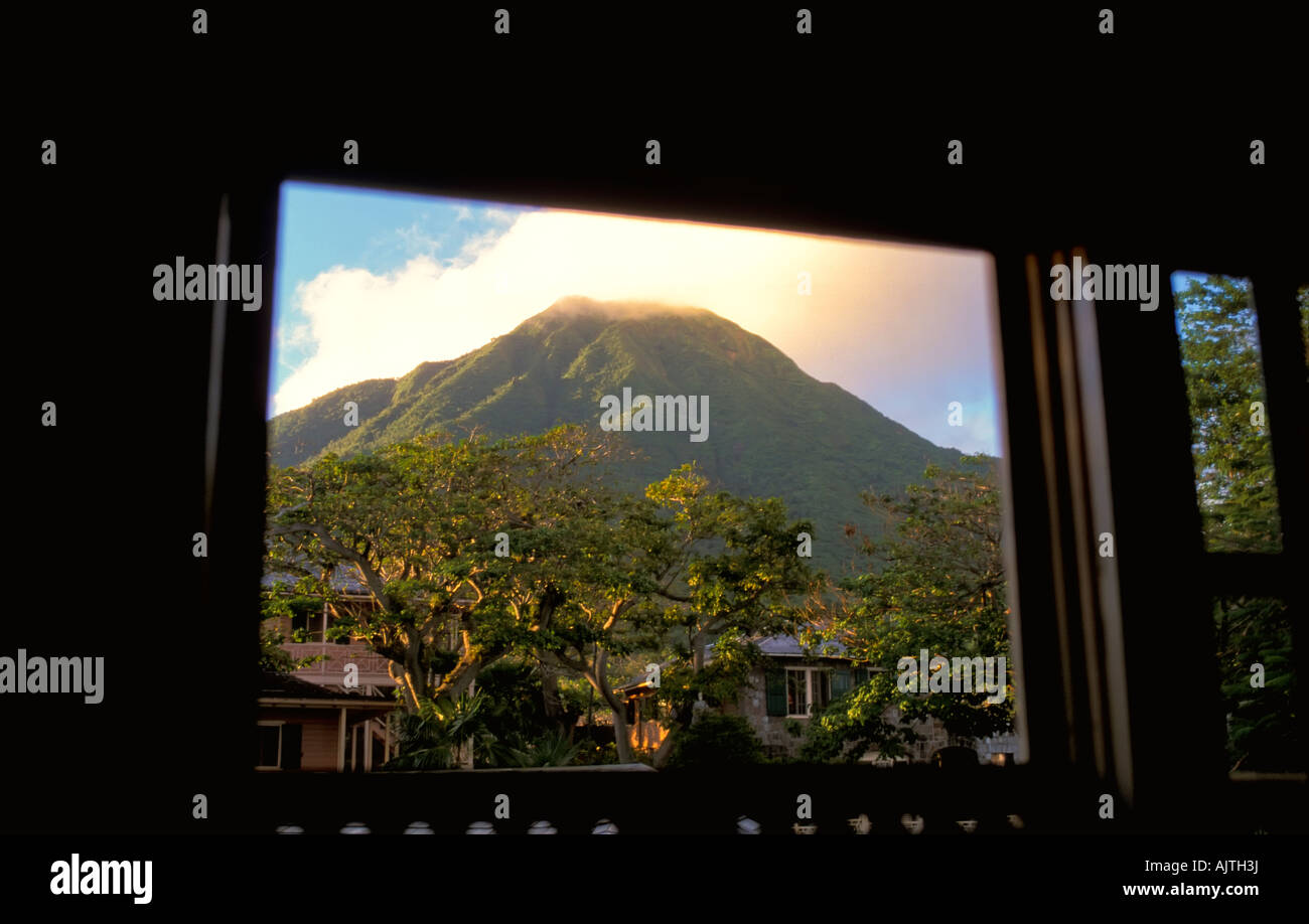 Mount Nevis peak, green volcano crater, Caribbean, seen through window ...