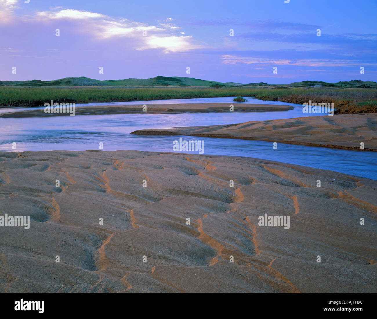 Cape Cod National Seashore MA Salt marsh sand patterns at dusk with ...