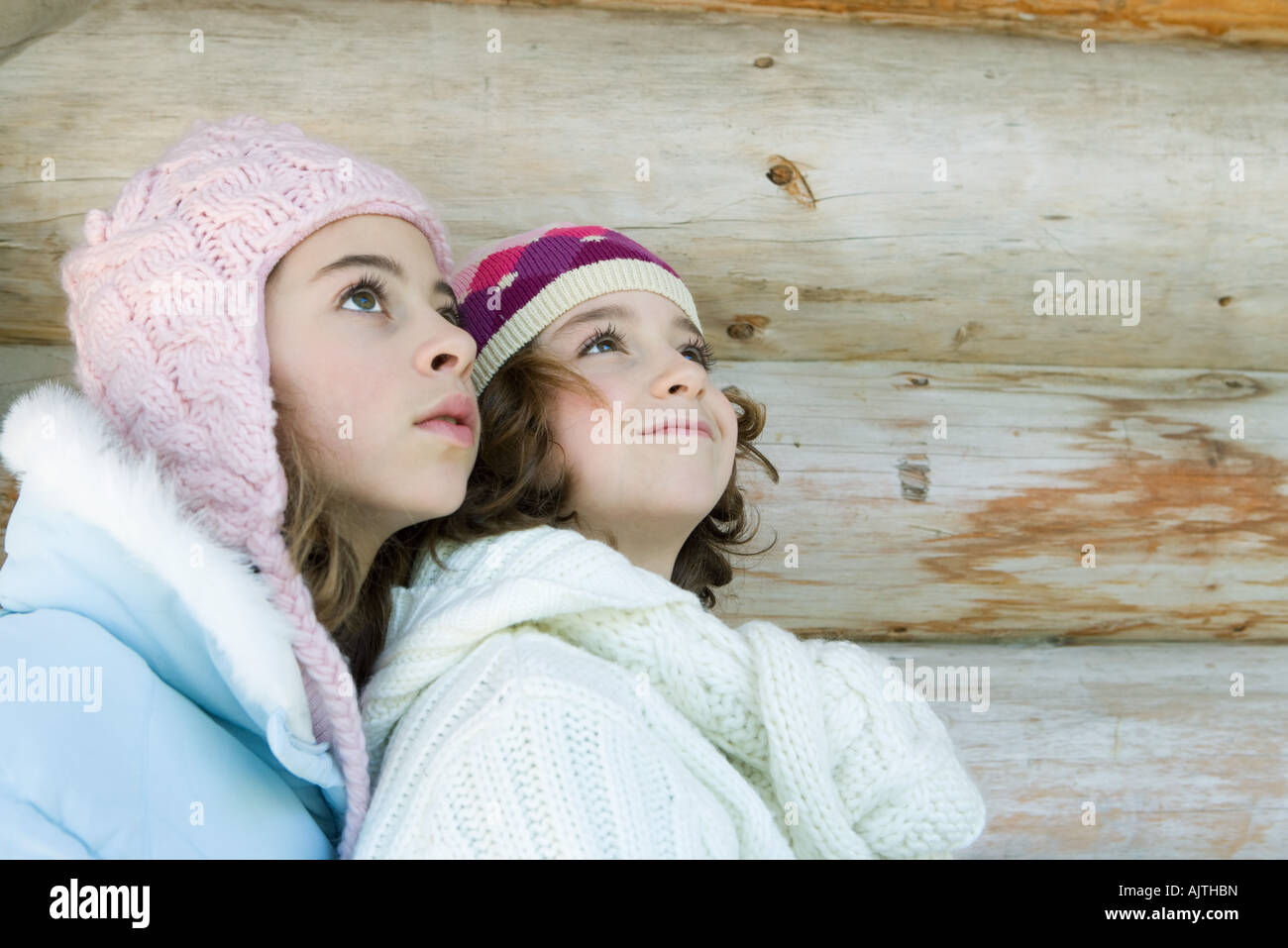 Two young friends looking up, portrait Stock Photo - Alamy