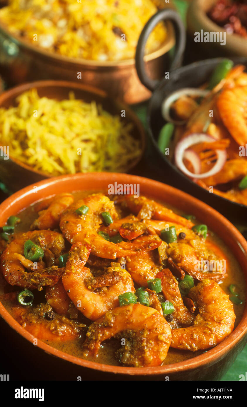 India Food Chettinad Prawn Curry and Coconut Rice Stock Photo - Alamy