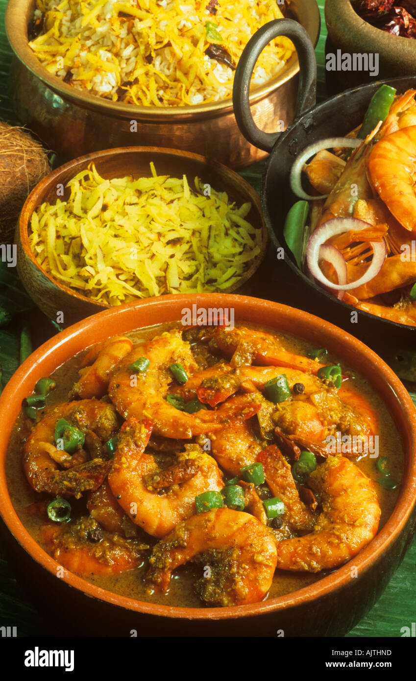 India Food Chettinad Prawn Curry and Coconut Rice Stock Photo - Alamy