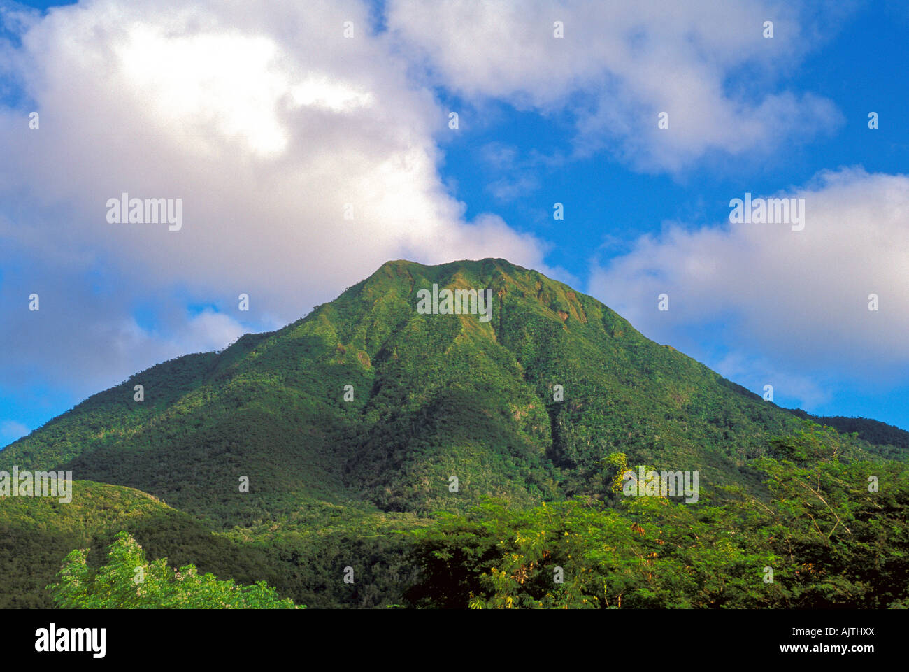 Mount Nevis peak, Caribbean, green volcano crater, clear day, blue sky ...