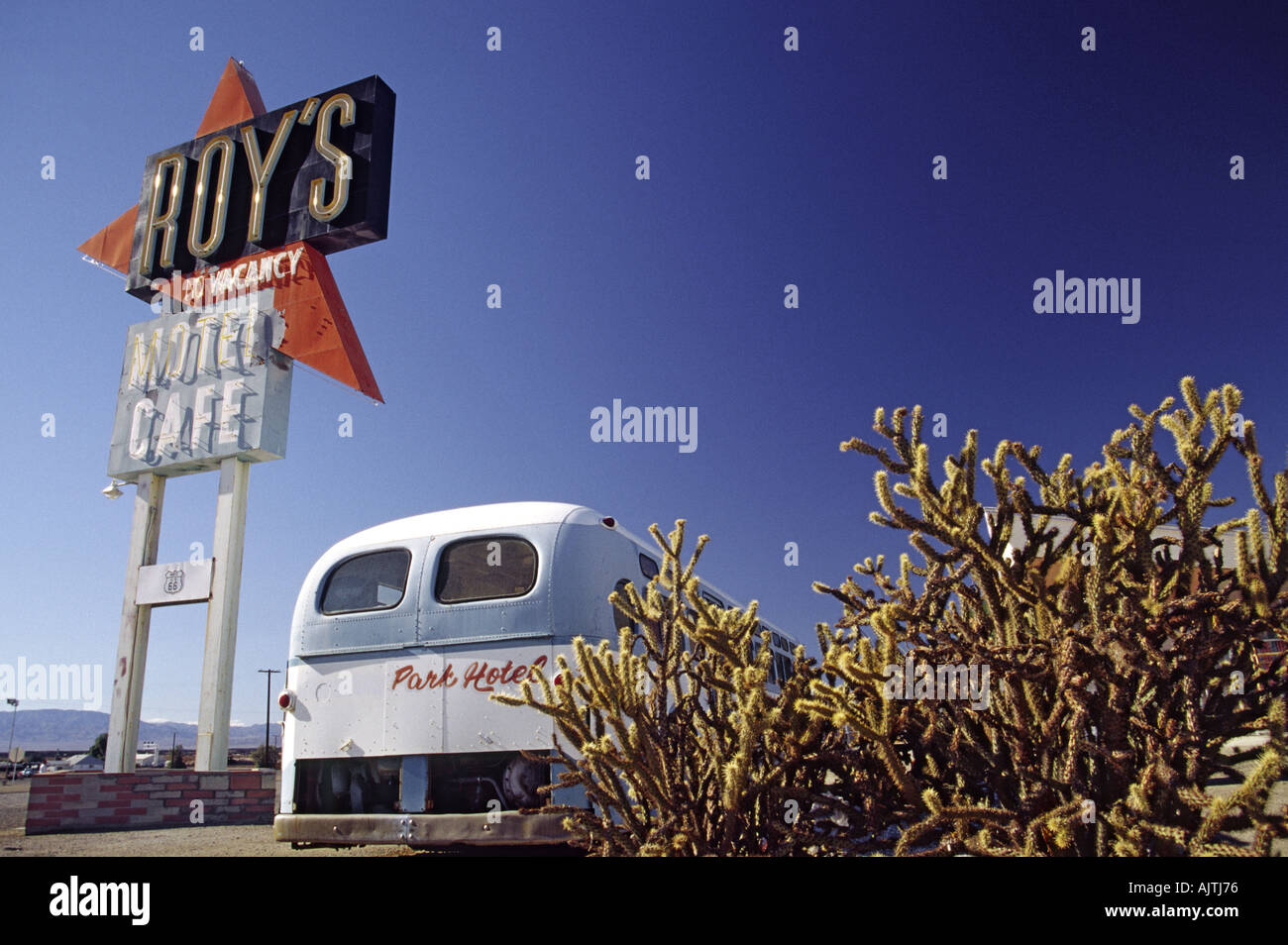 Historic motel sign, old bus on Route 66, Mojave Trails National ...