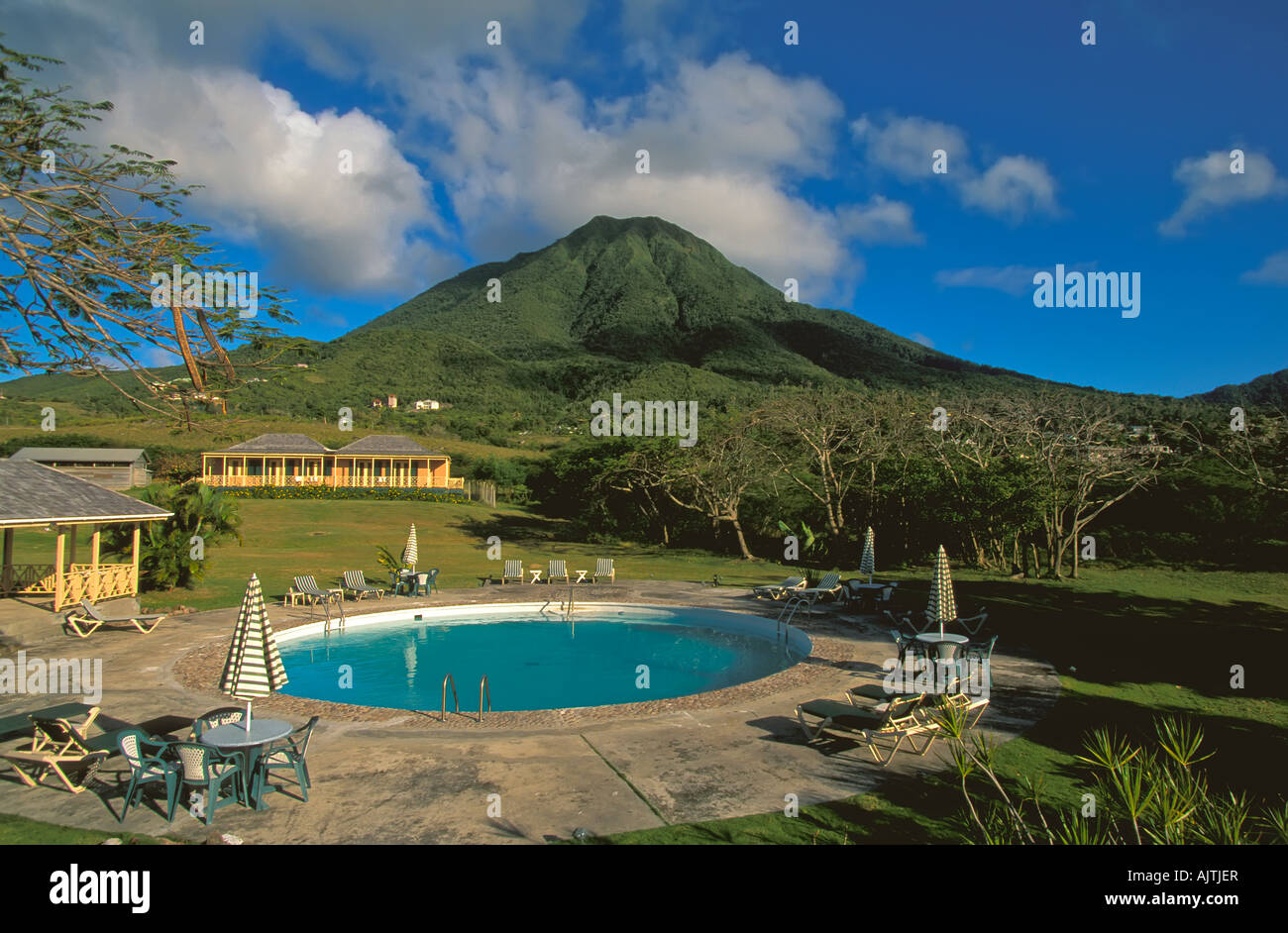 Mount Nevis peak, green volcano crater, open fields, Island of Nevis ...
