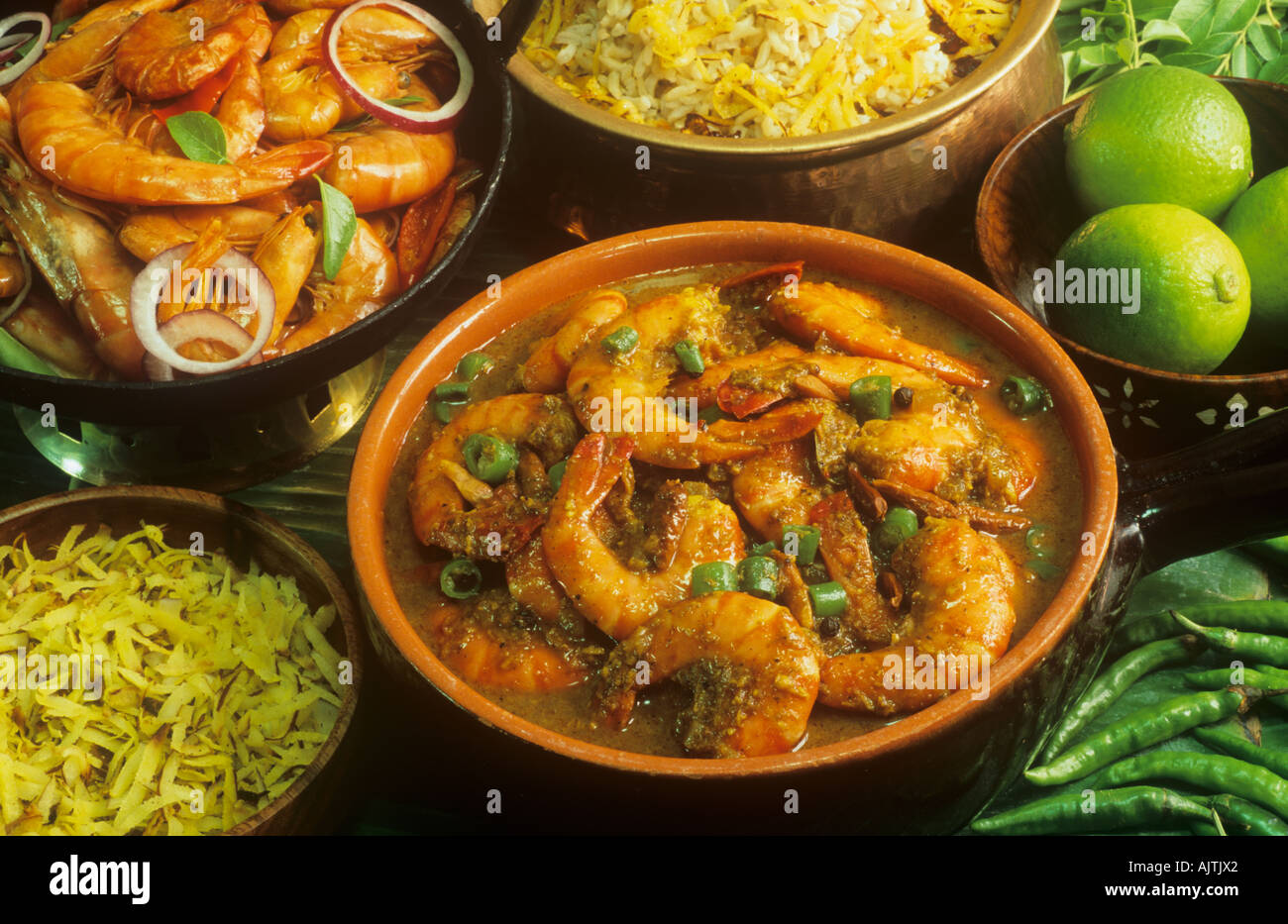 India Food Chettinad Prawn Curry and Coconut Rice Stock Photo - Alamy