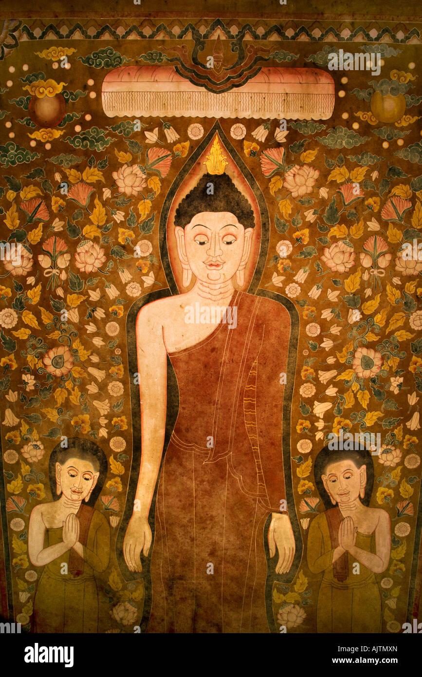 Buddha and two disciples on old temple cotton scroll from Thailand ...