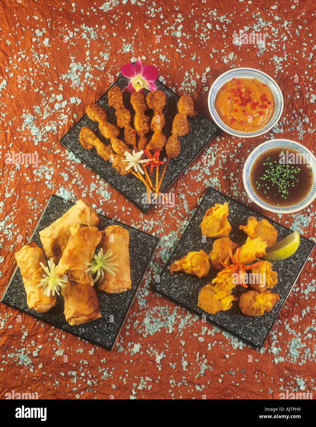 Asian Food Saté Spring Rolls and Won Ton Stock Photo - Alamy