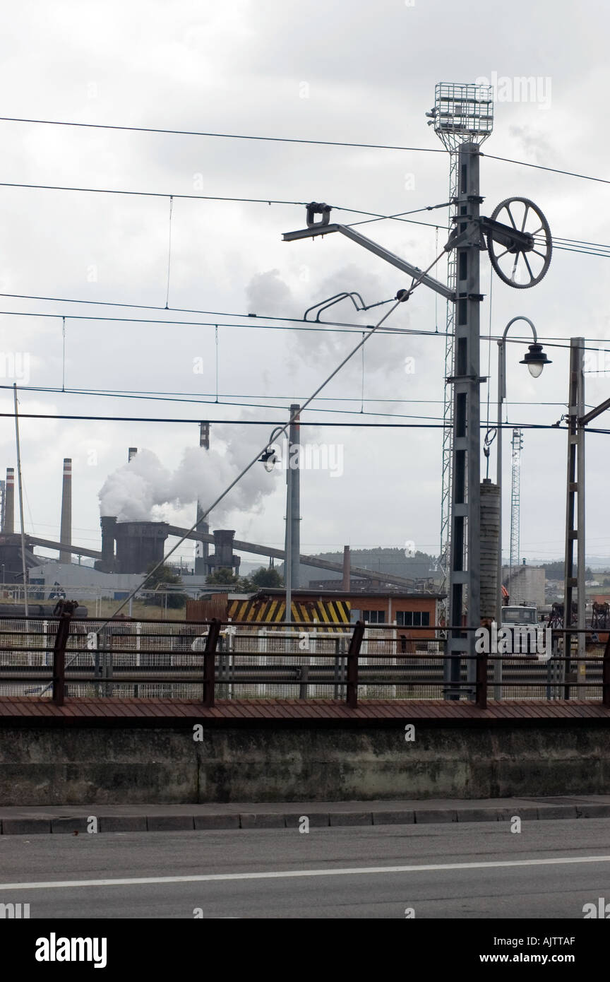 Chimney of brown coal-fired power station emitting smoke in ferrol ...