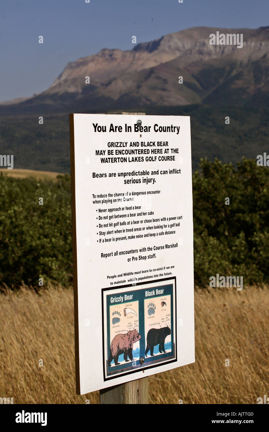 Warning sign on the Golf Course in Waterton Lakes National Park in ...