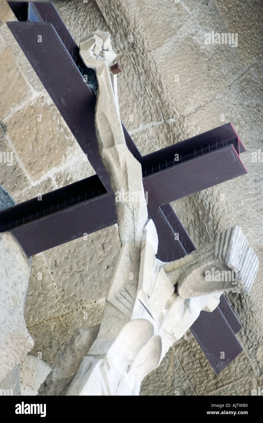 Statue of Christ at the entrance to Sagrada Familia the Gaudi cathedral in Barcelonia Cataluna ...
