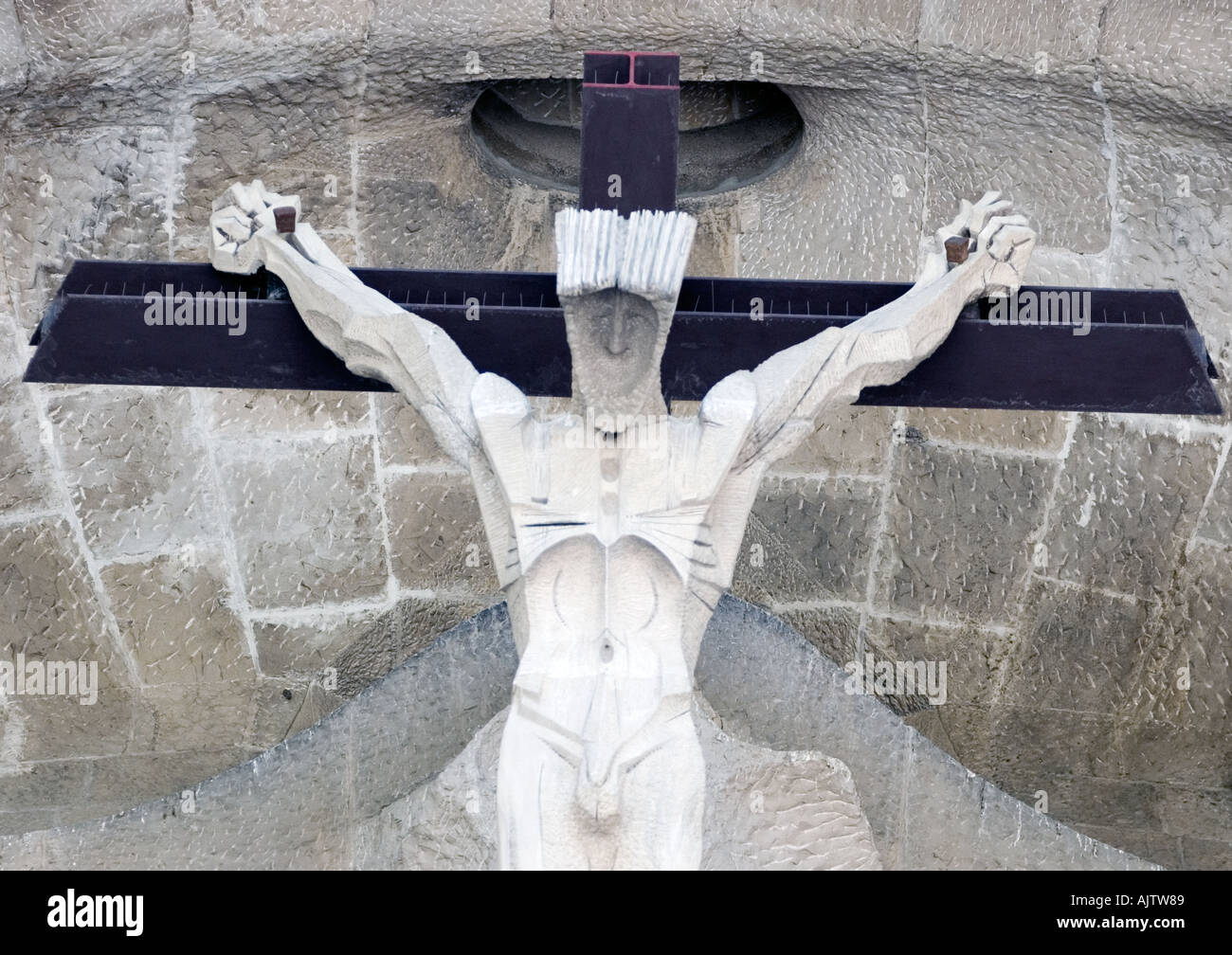 Statue of Christ at the entrance to Sagrada Familia the Gaudi cathedral in Barcelonia Cataluna ...