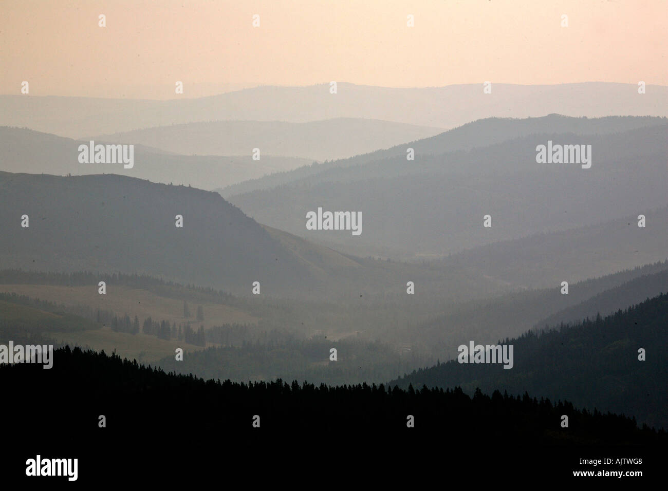 Smoky view of Rocky Mountain Provincial Forest in Livingstone Range in ...