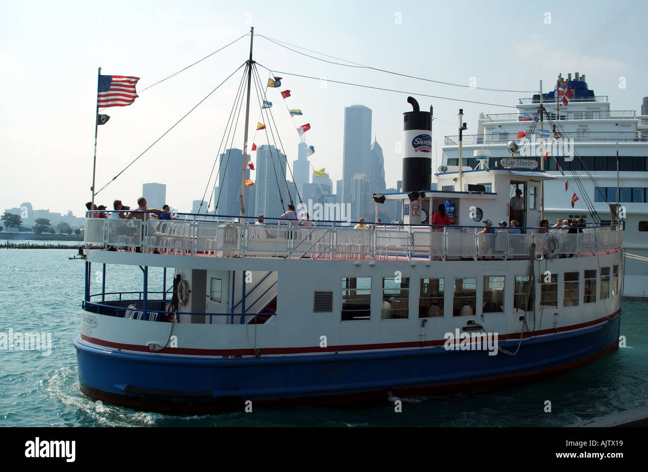 Chicago Illinois USA skyline and shipping from Navy Pier Cap Streeter ...