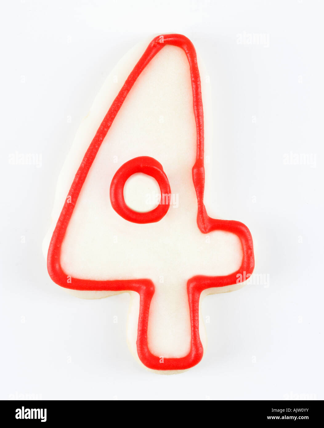 Sugar cookie in the shape of a number four outlined in red icing Stock ...